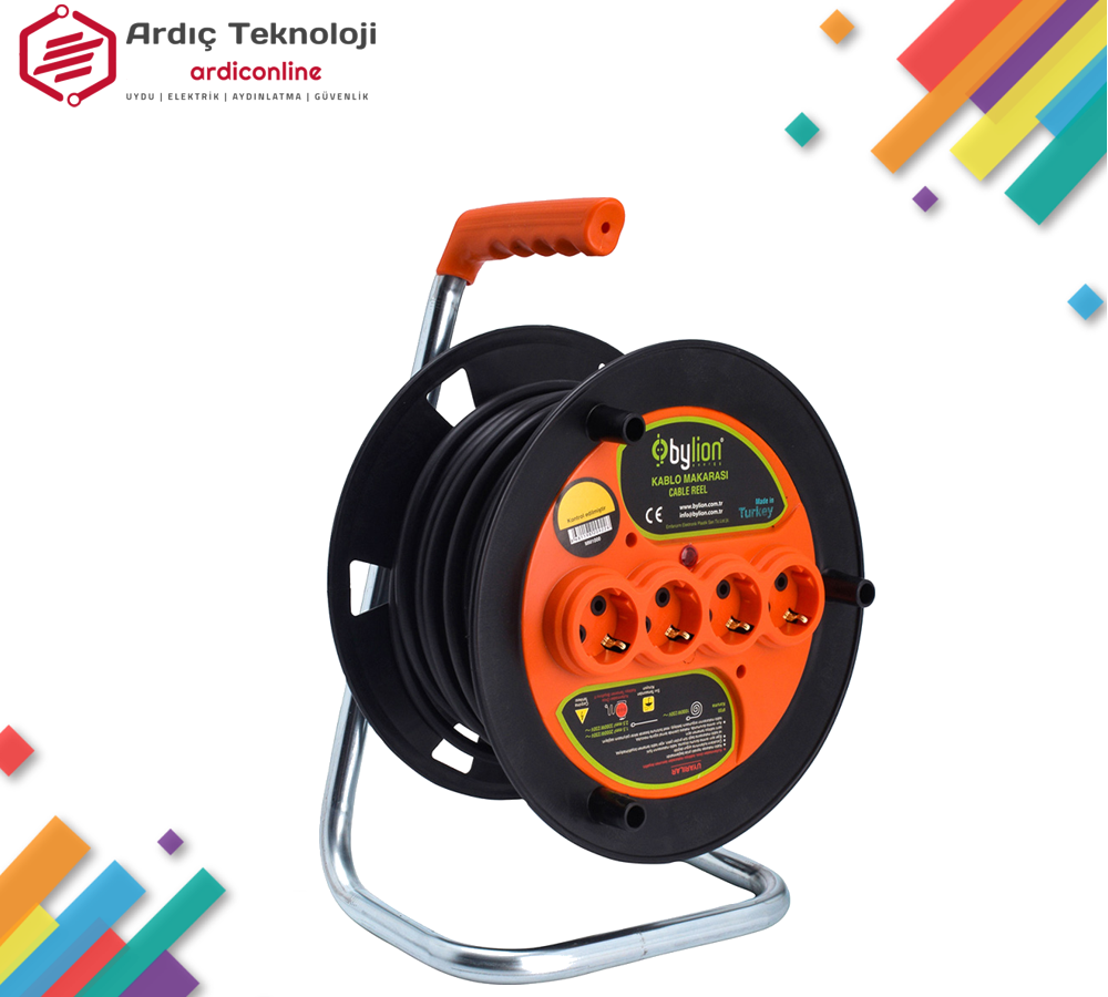 Bylion 40 Metre 3x2,5 Kablolu Seyyar Makaralı Işıklı 4'lü Uzatma Kablosu